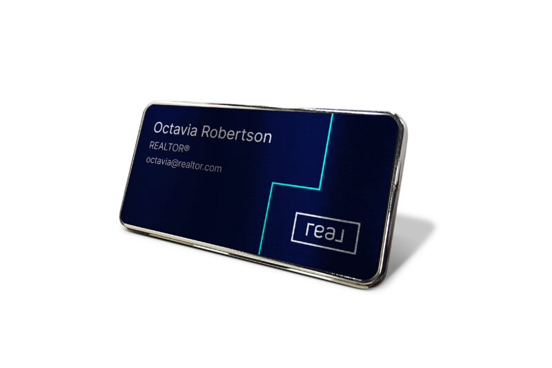 Real | Framed Name Tag - Navy with Blue Line 1.5x3 | AgentStore.com